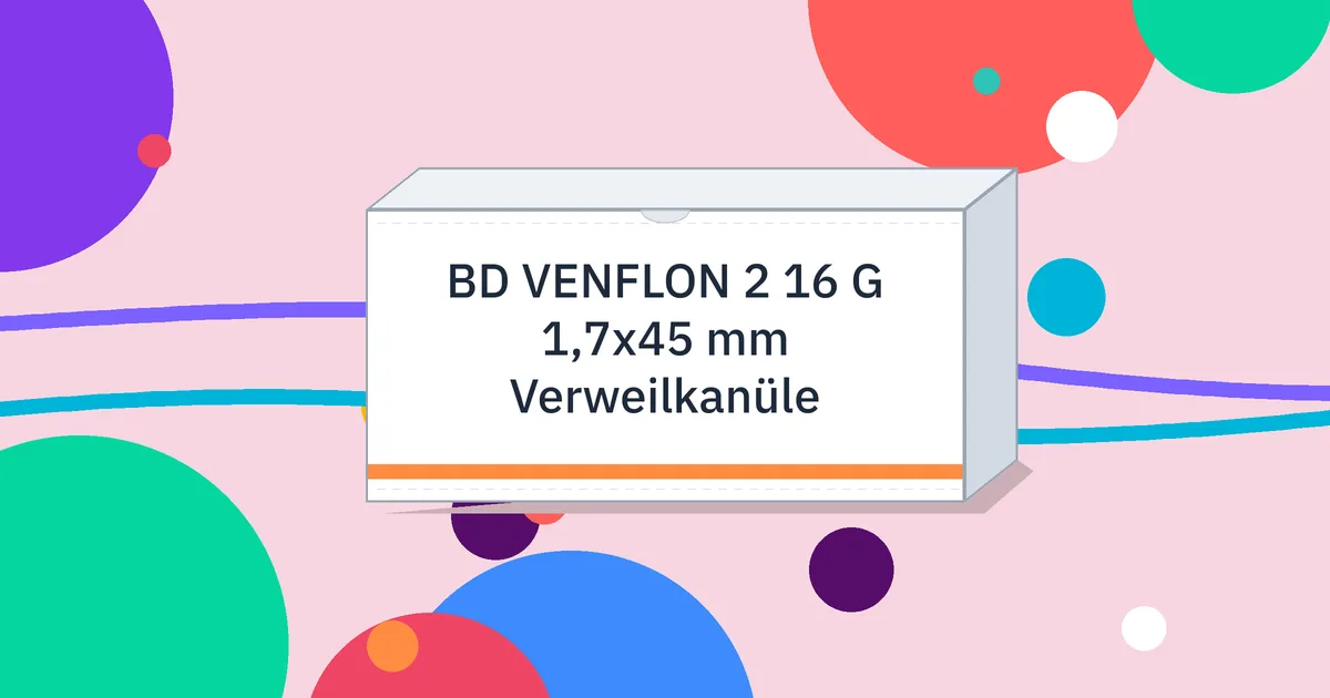 Symbolbild: Packung mit der Aufschrift BD VENFLON 2 16 G 1,7x45 mm Verweilkanüle (PZN 20046091) – Verfügbarkeit und Bezug in Apotheken in Frankfurt am Main