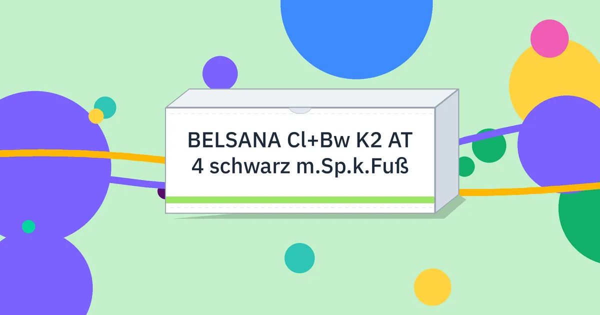 Symbolbild: Packung mit der Aufschrift BELSANA Cl+Bw K2 AT 4 schwarz m.Sp.k.Fuß (PZN 12249785) – Verfügbarkeit und Bezug in Apotheken in Frankfurt am Main