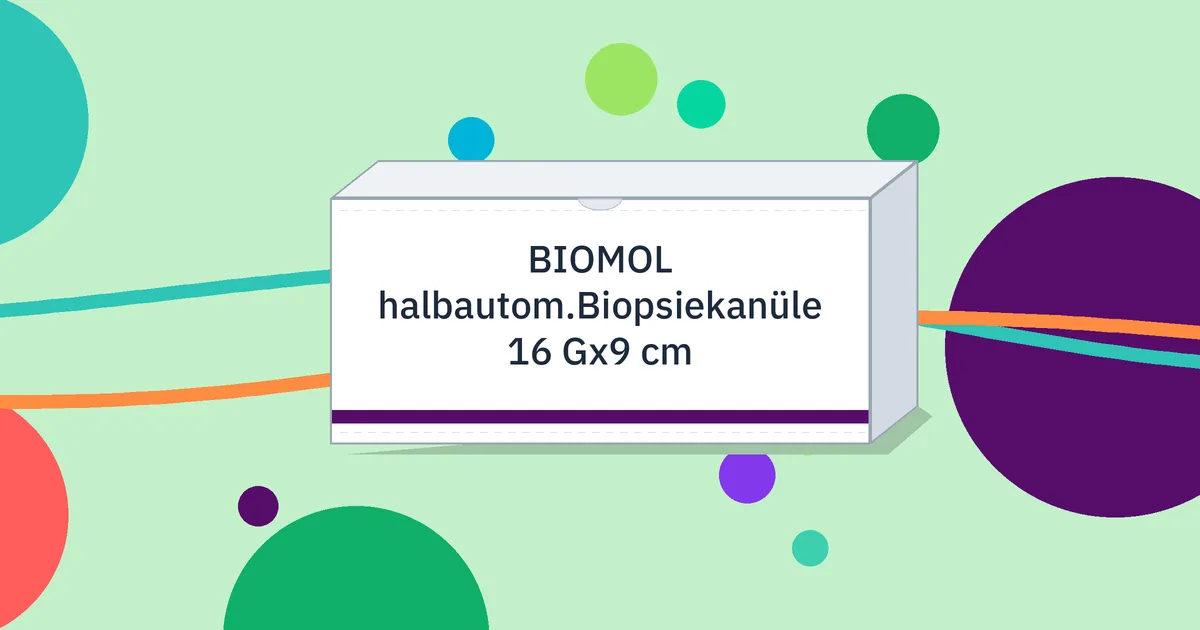 Symbolbild: Packung mit der Aufschrift BIOMOL halbautom.Biopsiekanüle 16 Gx9 cm (PZN 06123672) – Verfügbarkeit und Bezug in Apotheken in Frankfurt am Main