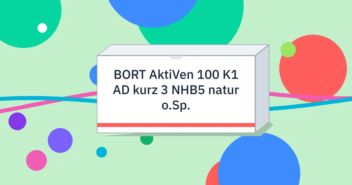 Symbolbild: Packung mit der Aufschrift BORT AktiVen 100 K1 AD kurz 3 NHB5 natur o.Sp. (PZN 17493521) – Verfügbarkeit und Bezug in Apotheken in Frankfurt am Main