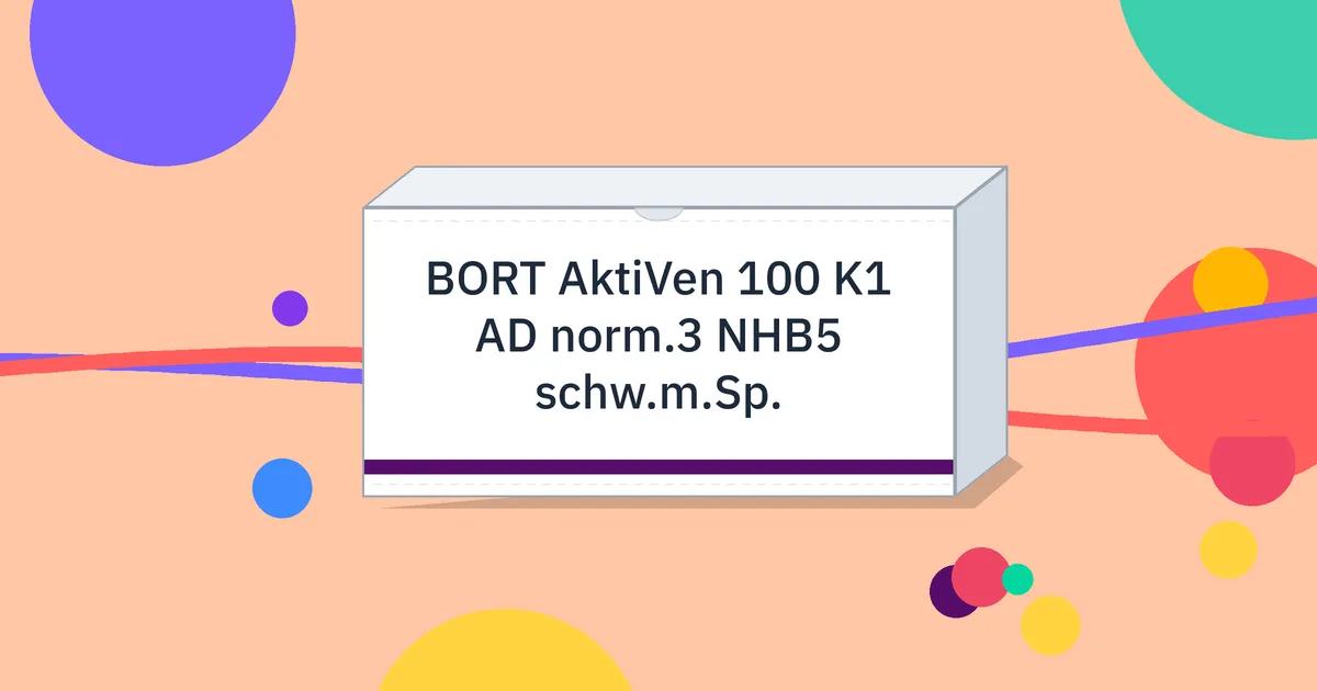 Symbolbild: Packung mit der Aufschrift BORT AktiVen 100 K1 AD norm.3 NHB5 schw.m.Sp. (PZN 17497387) – Verfügbarkeit und Bezug in Apotheken in Frankfurt am Main