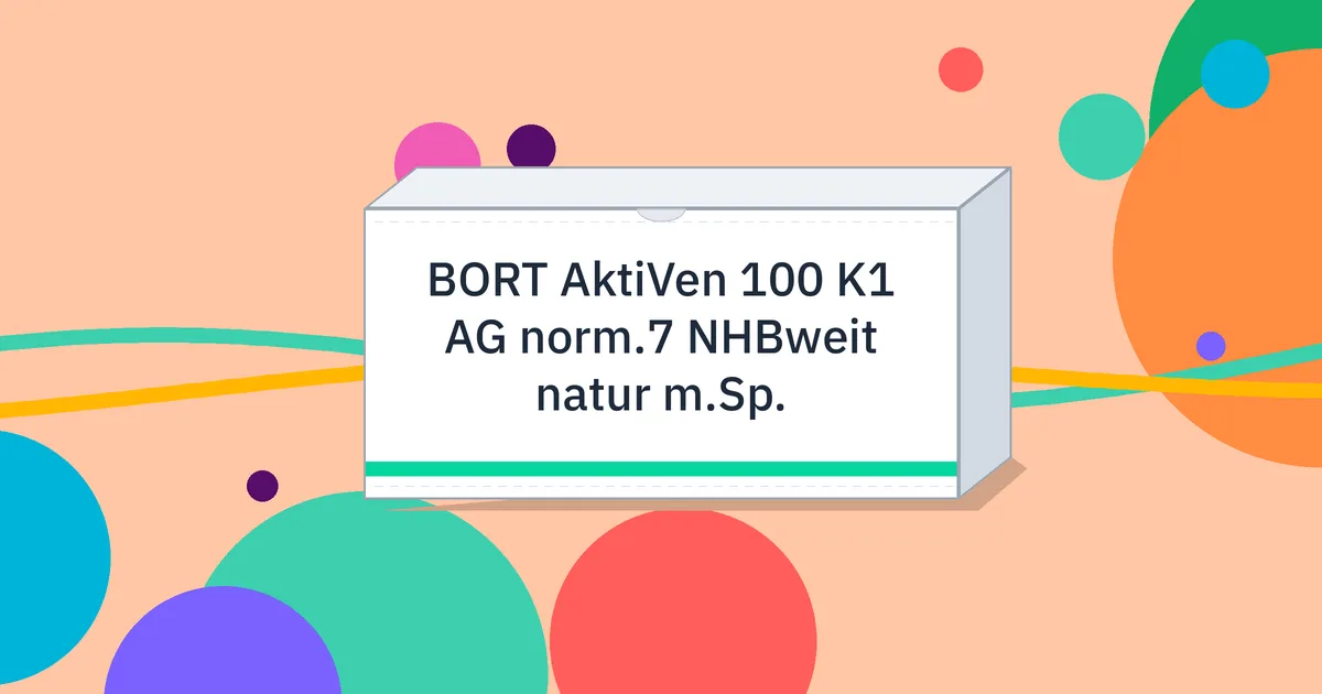 Symbolbild: Packung mit der Aufschrift BORT AktiVen 100 K1 AG norm.7 NHBweit natur m.Sp. (PZN 13729866) – Verfügbarkeit und Bezug in Apotheken in Frankfurt am Main
