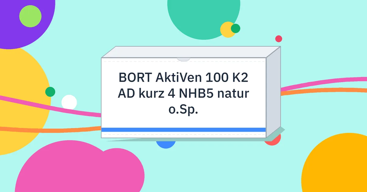 Symbolbild: Packung mit der Aufschrift BORT AktiVen 100 K2 AD kurz 4 NHB5 natur o.Sp. (PZN 17493900) – Verfügbarkeit und Bezug in Apotheken in Frankfurt am Main