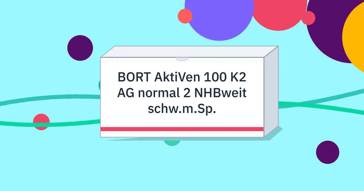 Symbolbild: Packung mit der Aufschrift BORT AktiVen 100 K2 AG normal 2 NHBweit schw.m.Sp. (PZN 14387965) – Verfügbarkeit und Bezug in Apotheken in Frankfurt am Main