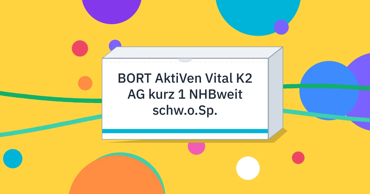 Symbolbild: Packung mit der Aufschrift BORT AktiVen Vital K2 AG kurz 1 NHBweit schw.o.Sp. (PZN 12384879) – Verfügbarkeit und Bezug in Apotheken in Frankfurt am Main