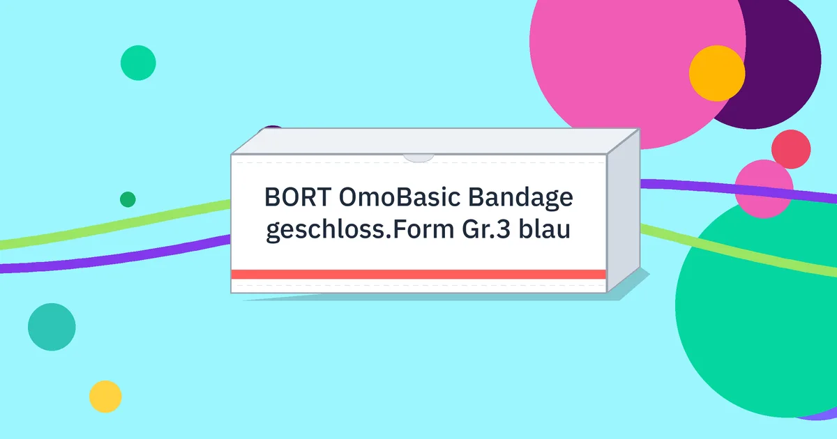 Symbolbild: Packung mit der Aufschrift BORT OmoBasic Bandage geschloss.Form Gr.3 blau (PZN 07343565) – Verfügbarkeit und Bezug in Apotheken in Frankfurt am Main