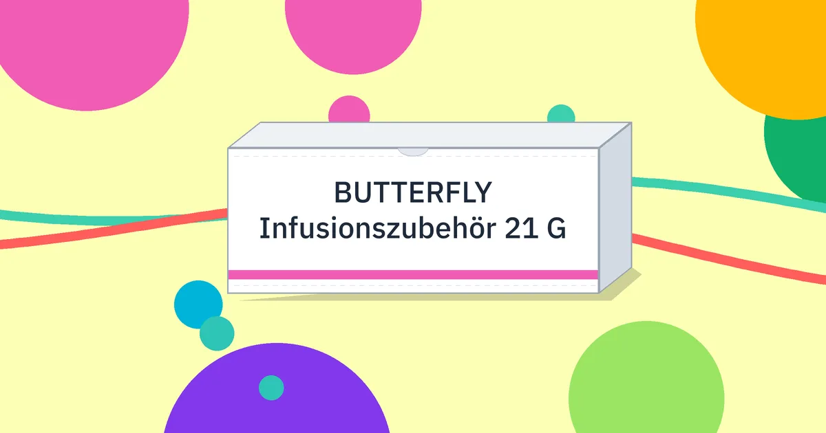 Symbolbild: Packung mit der Aufschrift BUTTERFLY Infusionszubehör 21 G (PZN 10257958) – Verfügbarkeit und Bezug in Apotheken in Frankfurt am Main