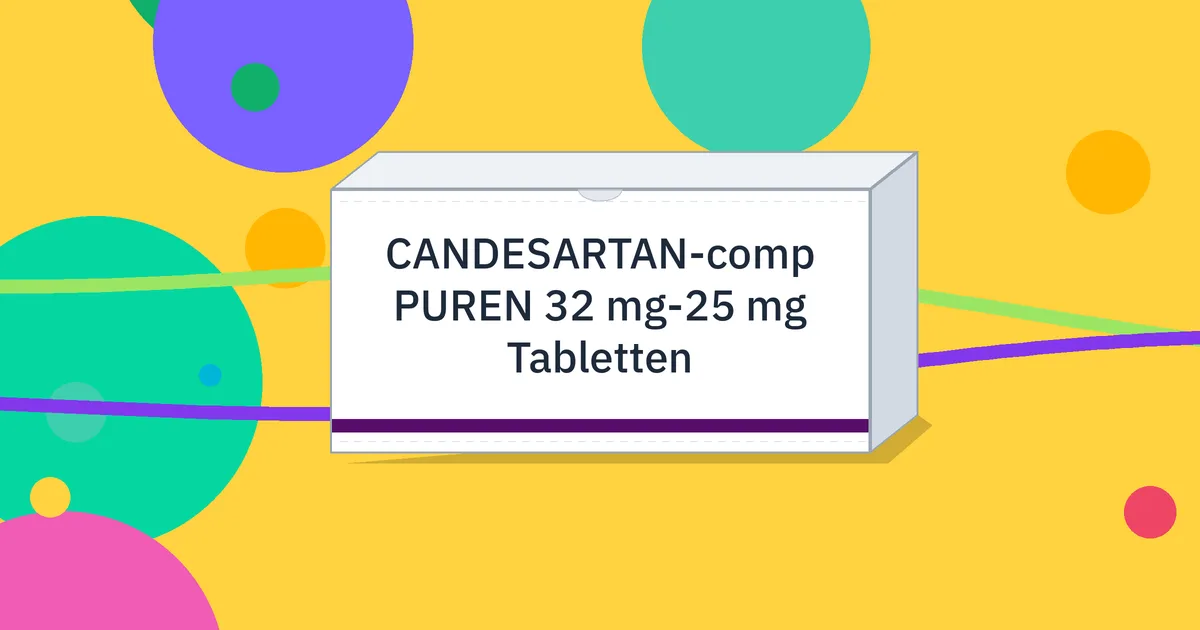 Symbolbild: Packung mit der Aufschrift CANDESARTAN-comp PUREN 32 mg-25 mg Tabletten (PZN 11354020) – Verfügbarkeit und Bezug in Apotheken in Frankfurt am Main
