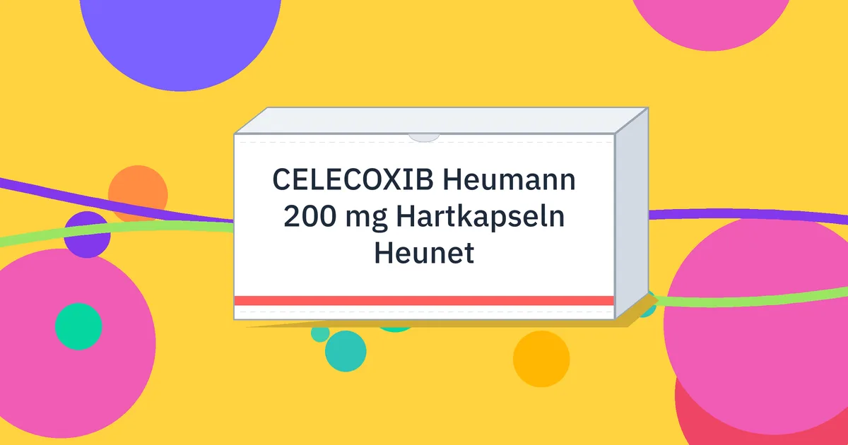 Symbolbild: Packung mit der Aufschrift CELECOXIB Heumann 200 mg Hartkapseln Heunet (PZN 13877124) – Verfügbarkeit und Bezug in Apotheken in Frankfurt am Main