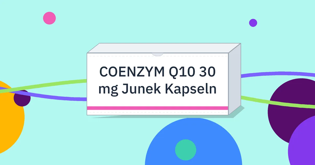 Symbolbild: Packung mit der Aufschrift COENZYM Q10 30 mg Junek Kapseln (PZN 09719833) – Verfügbarkeit und Bezug in Apotheken in Frankfurt am Main