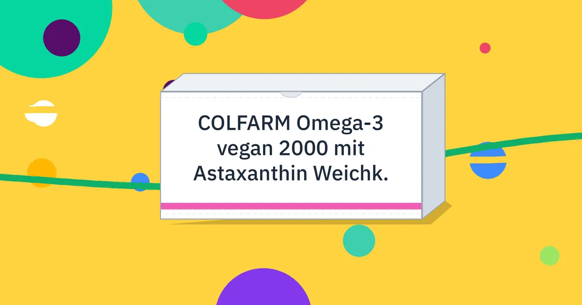 Symbolbild: Packung mit der Aufschrift COLFARM Omega-3 vegan 2000 mit Astaxanthin Weichk. (PZN 20934779) – Verfügbarkeit und Bezug in Apotheken in Frankfurt am Main