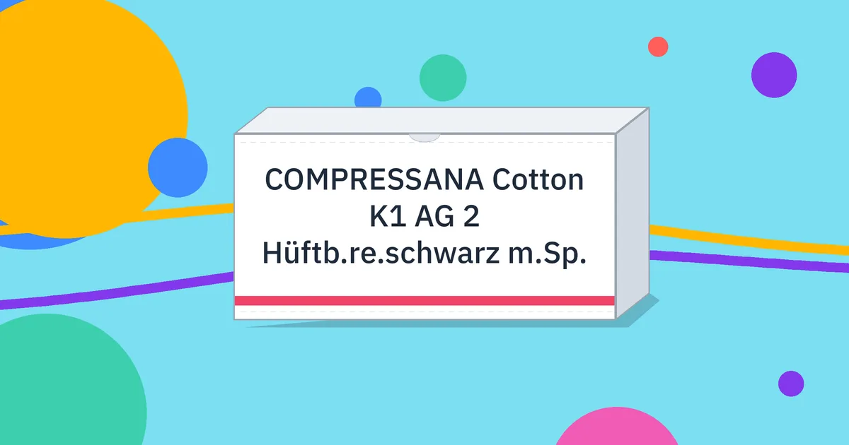 Symbolbild: Packung mit der Aufschrift COMPRESSANA Cotton K1 AG 2 Hüftb.re.schwarz m.Sp. (PZN 12980280) – Verfügbarkeit und Bezug in Apotheken in Frankfurt am Main