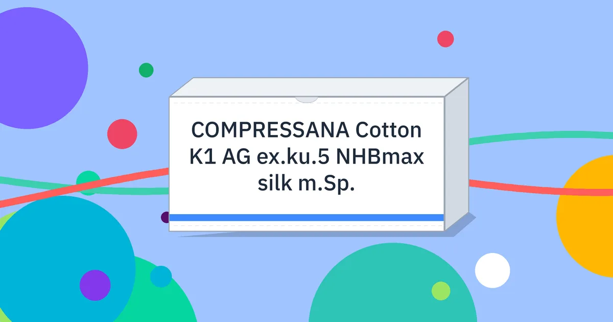 Symbolbild: Packung mit der Aufschrift COMPRESSANA Cotton K1 AG ex.ku.5 NHBmax silk m.Sp. (PZN 11395266) – Verfügbarkeit und Bezug in Apotheken in Frankfurt am Main
