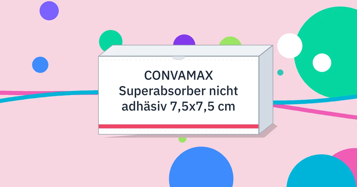 Symbolbild: Packung mit der Aufschrift CONVAMAX Superabsorber nicht adhäsiv 7,5x7,5 cm (PZN 16733868) – Verfügbarkeit und Bezug in Apotheken in Frankfurt am Main
