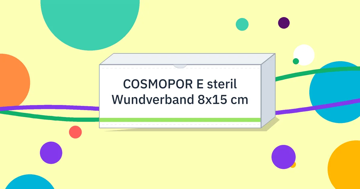 Symbolbild: Packung mit der Aufschrift COSMOPOR E steril Wundverband 8x15 cm (PZN 20419729) – Verfügbarkeit und Bezug in Apotheken in Frankfurt am Main