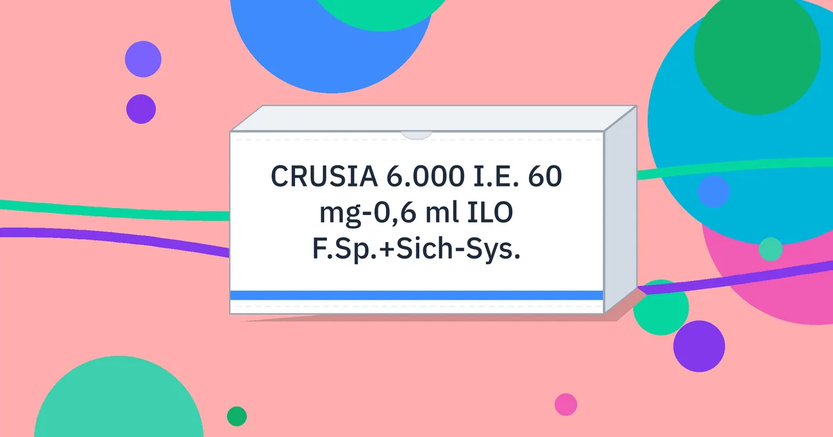 Symbolbild: Packung mit der Aufschrift CRUSIA 6.000 I.E. 60 mg-0,6 ml ILO F.Sp.+Sich-Sys. (PZN 15861802) – Verfügbarkeit und Bezug in Apotheken in Frankfurt am Main