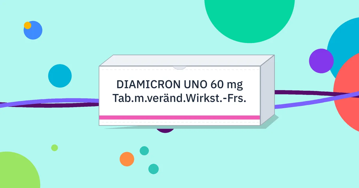 Symbolbild: Packung mit der Aufschrift DIAMICRON UNO 60 mg Tab.m.veränd.Wirkst.-Frs. (PZN 18054290) – Verfügbarkeit und Bezug in Apotheken in Frankfurt am Main