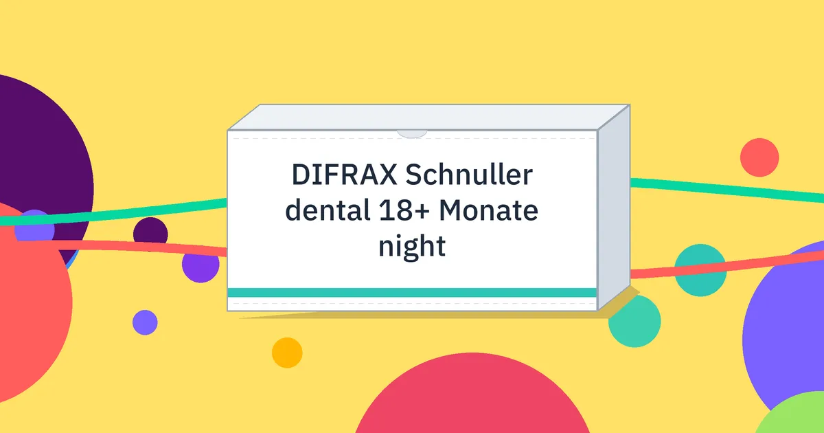 Symbolbild: Packung mit der Aufschrift DIFRAX Schnuller dental 18+ Monate night (PZN 12517777) – Verfügbarkeit und Bezug in Apotheken in Frankfurt am Main