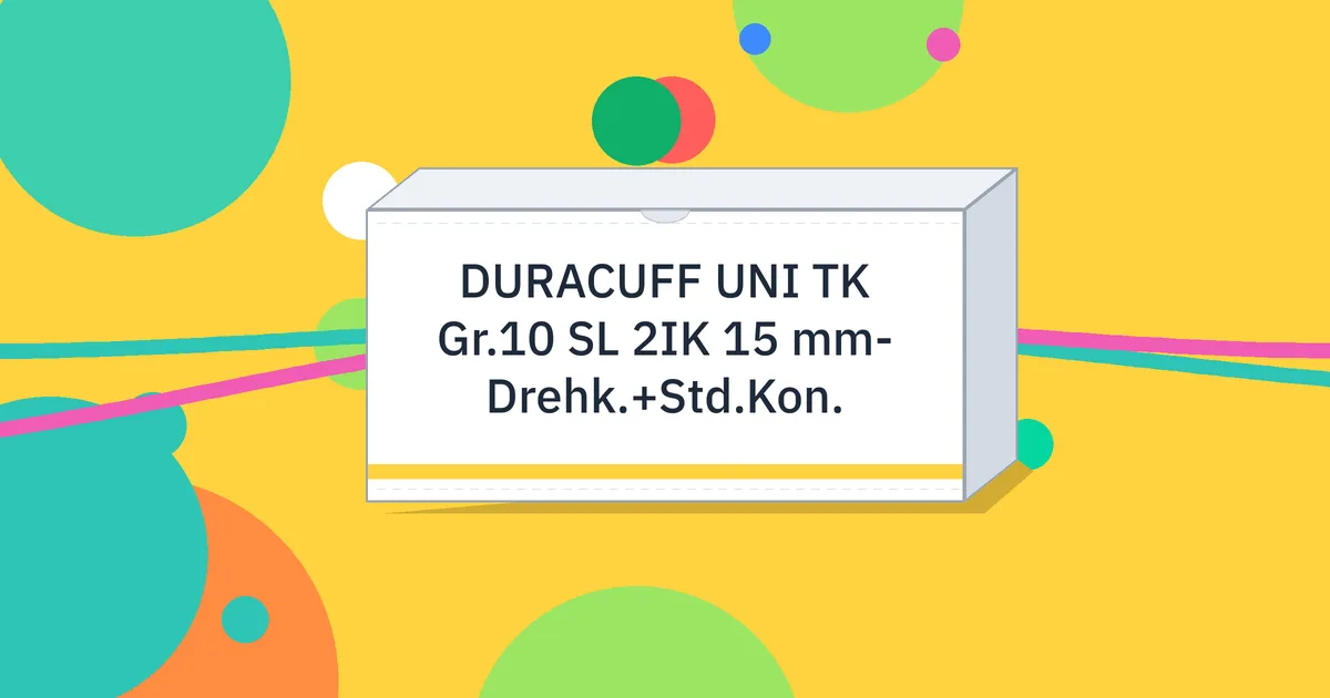 Symbolbild: Packung mit der Aufschrift DURACUFF UNI TK Gr.10 SL 2IK 15 mm-Drehk.+Std.Kon. (PZN 04958616) – Verfügbarkeit und Bezug in Apotheken in Frankfurt am Main