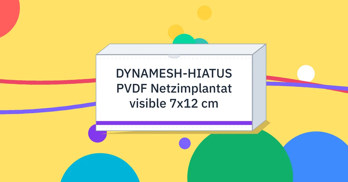 Symbolbild: Packung mit der Aufschrift DYNAMESH-HIATUS PVDF Netzimplantat visible 7x12 cm (PZN 19389590) – Verfügbarkeit und Bezug in Apotheken in Frankfurt am Main