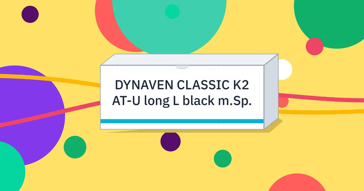 Symbolbild: Packung mit der Aufschrift DYNAVEN CLASSIC K2 AT-U long L black m.Sp. (PZN 18419797) – Verfügbarkeit und Bezug in Apotheken in Frankfurt am Main