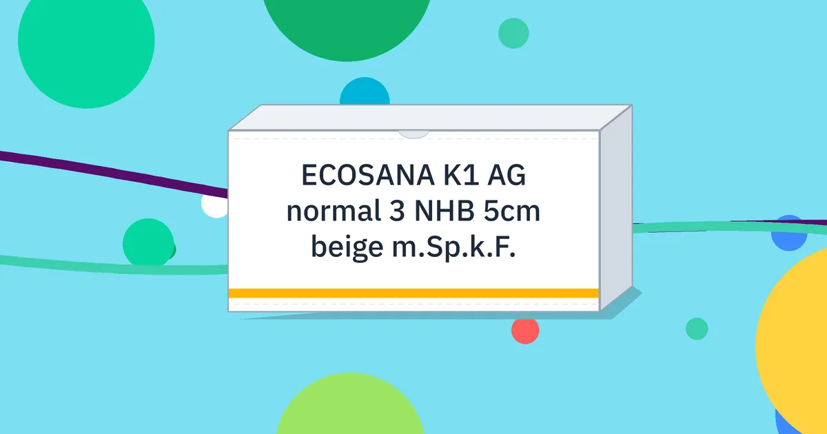 Symbolbild: Packung mit der Aufschrift ECOSANA K1 AG normal 3 NHB 5cm beige m.Sp.k.F. (PZN 04727437) – Verfügbarkeit und Bezug in Apotheken in Frankfurt am Main