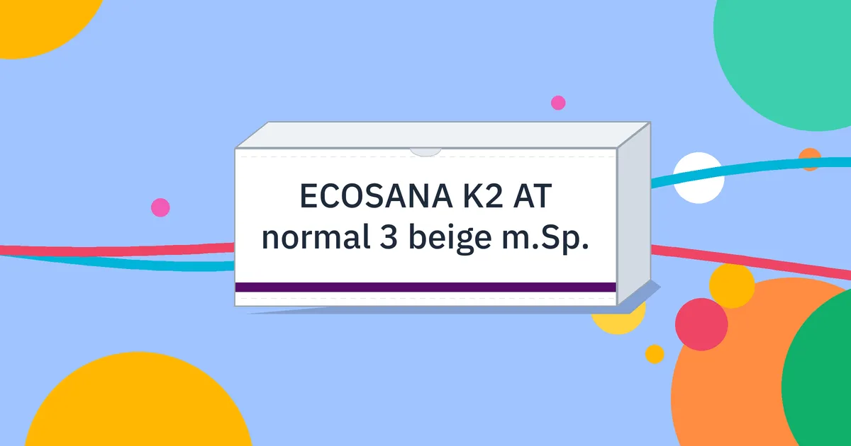 Symbolbild: Packung mit der Aufschrift ECOSANA K2 AT normal 3 beige m.Sp. (PZN 01556194) – Verfügbarkeit und Bezug in Apotheken in Frankfurt am Main