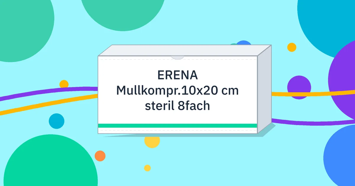 Symbolbild: Packung mit der Aufschrift ERENA Mullkompr.10x20 cm steril 8fach (PZN 08871935) – Verfügbarkeit und Bezug in Apotheken in Frankfurt am Main