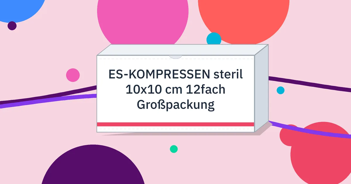 Symbolbild: Packung mit der Aufschrift ES-KOMPRESSEN steril 10x10 cm 12fach Großpackung (PZN 20356673) – Verfügbarkeit und Bezug in Apotheken in Frankfurt am Main