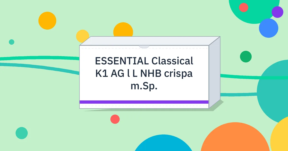 Symbolbild: Packung mit der Aufschrift ESSENTIAL Classical K1 AG l L NHB crispa m.Sp. (PZN 17003095) – Verfügbarkeit und Bezug in Apotheken in Frankfurt am Main