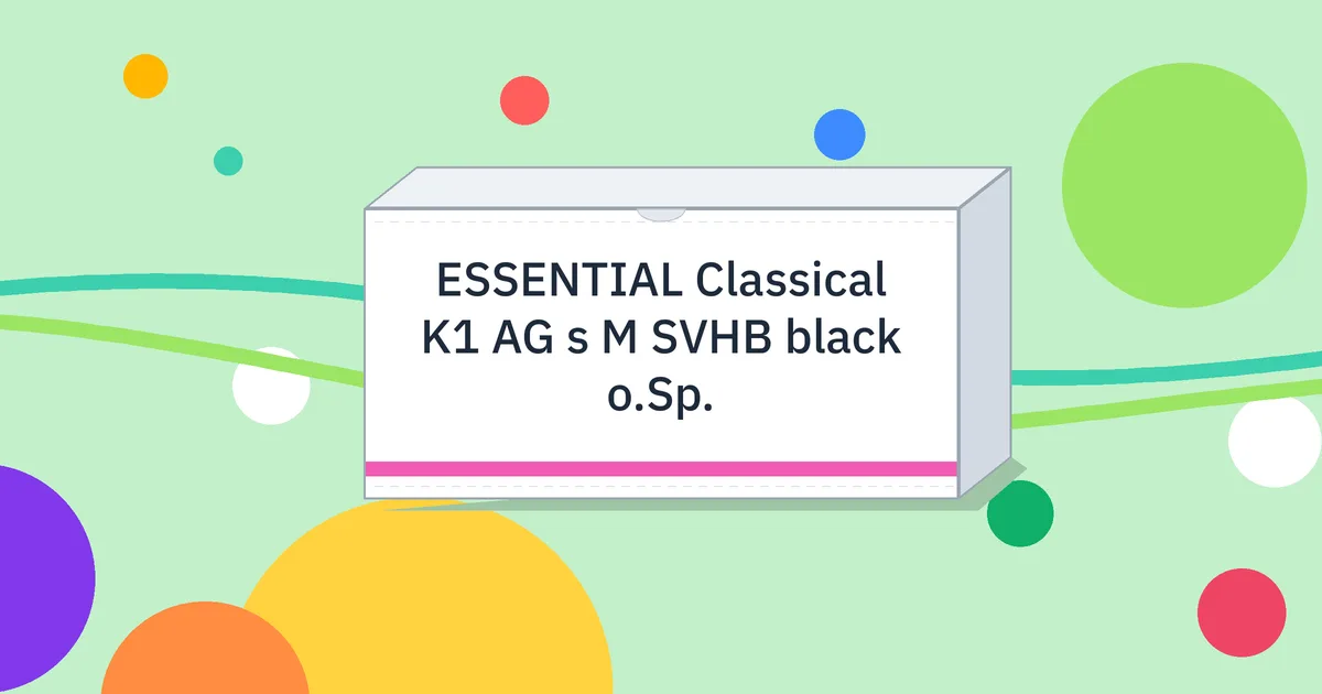 Symbolbild: Packung mit der Aufschrift ESSENTIAL Classical K1 AG s M SVHB black o.Sp. (PZN 18420501) – Verfügbarkeit und Bezug in Apotheken in Frankfurt am Main