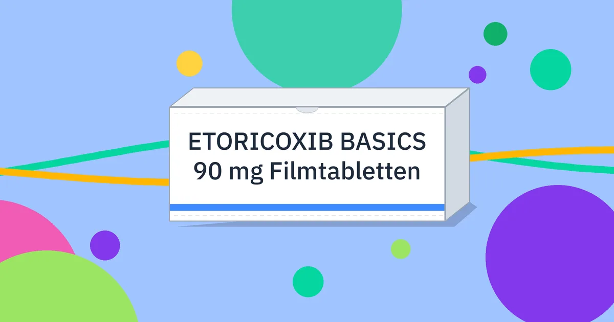 Symbolbild: Packung mit der Aufschrift ETORICOXIB BASICS 90 mg Filmtabletten (PZN 13153277) – Verfügbarkeit und Bezug in Apotheken in Frankfurt am Main