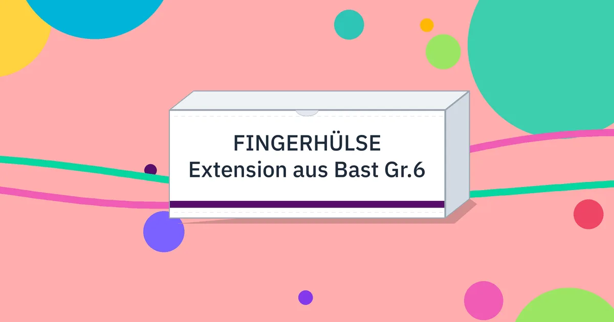 Symbolbild: Packung mit der Aufschrift FINGERHÜLSE Extension aus Bast Gr.6 (PZN 19228148) – Verfügbarkeit und Bezug in Apotheken in Frankfurt am Main