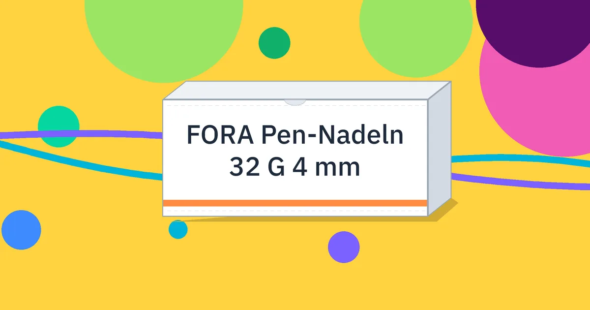 Symbolbild: Packung mit der Aufschrift FORA Pen-Nadeln 32 G 4 mm (PZN 20574039) – Verfügbarkeit und Bezug in Apotheken in Frankfurt am Main
