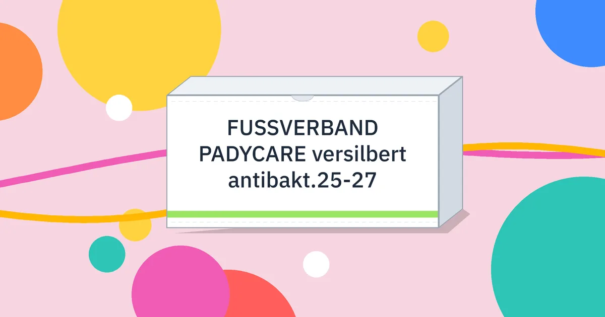 Symbolbild: Packung mit der Aufschrift FUSSVERBAND PADYCARE versilbert antibakt.25-27 (PZN 10939847) – Verfügbarkeit und Bezug in Apotheken in Frankfurt am Main