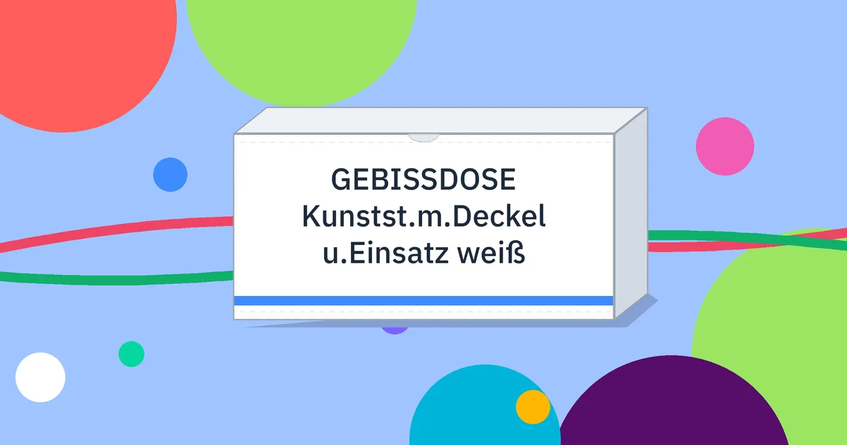Symbolbild: Packung mit der Aufschrift GEBISSDOSE Kunstst.m.Deckel u.Einsatz weiß (PZN 19898050) – Verfügbarkeit und Bezug in Apotheken in Frankfurt am Main