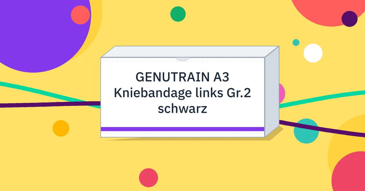 Symbolbild: Packung mit der Aufschrift GENUTRAIN A3 Kniebandage links Gr.2 schwarz (PZN 19100075) – Verfügbarkeit und Bezug in Apotheken in Frankfurt am Main