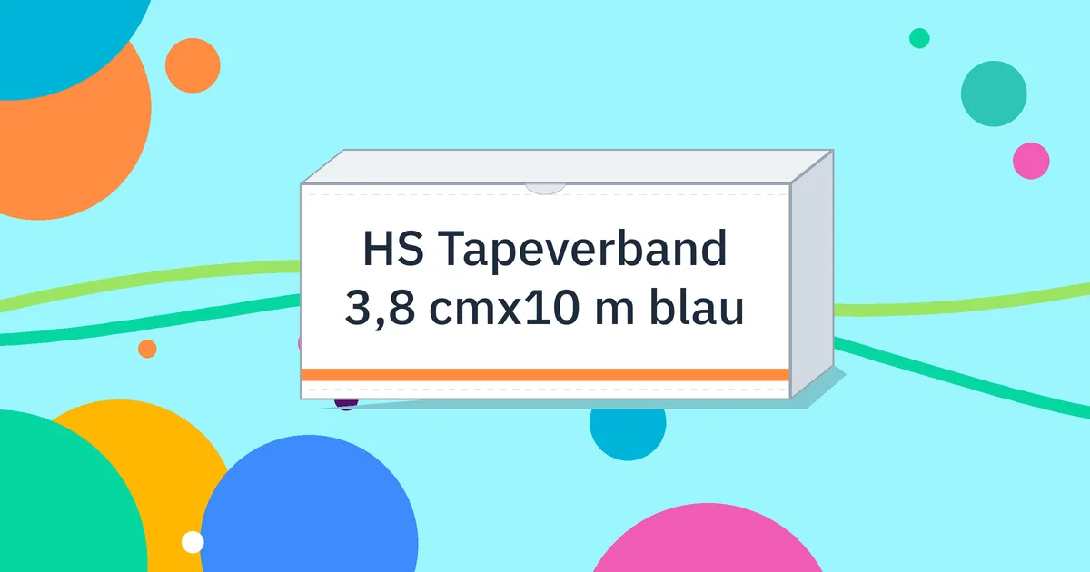 Symbolbild: Packung mit der Aufschrift HS Tapeverband 3,8 cmx10 m blau (PZN 12570228) – Verfügbarkeit und Bezug in Apotheken in Frankfurt am Main
