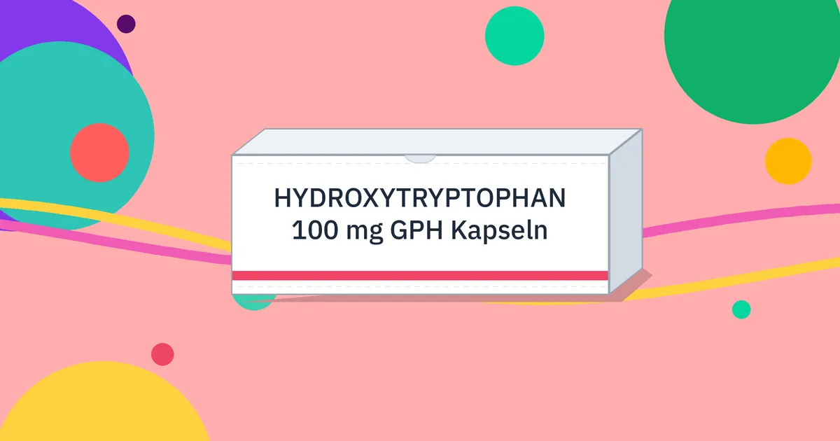 Symbolbild: Packung mit der Aufschrift HYDROXYTRYPTOPHAN 100 mg GPH Kapseln (PZN 15614268) – Verfügbarkeit und Bezug in Apotheken in Frankfurt am Main