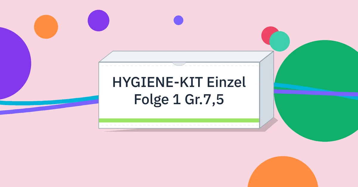 Symbolbild: Packung mit der Aufschrift HYGIENE-KIT Einzel Folge 1 Gr.7,5 (PZN 17443440) – Verfügbarkeit und Bezug in Apotheken in Frankfurt am Main