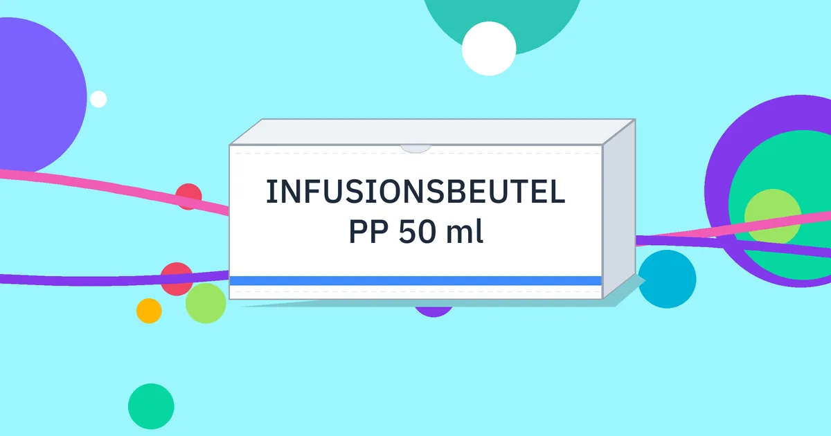 Symbolbild: Packung mit der Aufschrift INFUSIONSBEUTEL PP 50 ml (PZN 19398531) – Verfügbarkeit und Bezug in Apotheken in Frankfurt am Main