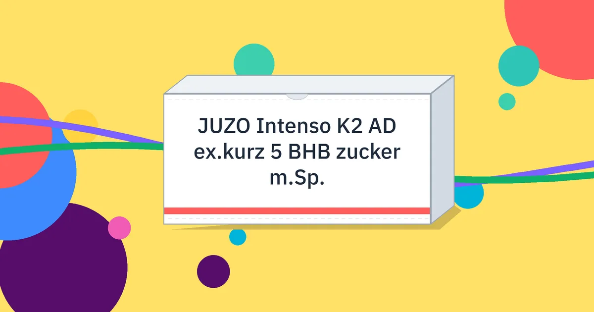 Symbolbild: Packung mit der Aufschrift JUZO Intenso K2 AD ex.kurz 5 BHB zucker m.Sp. (PZN 18614872) – Verfügbarkeit und Bezug in Apotheken in Frankfurt am Main