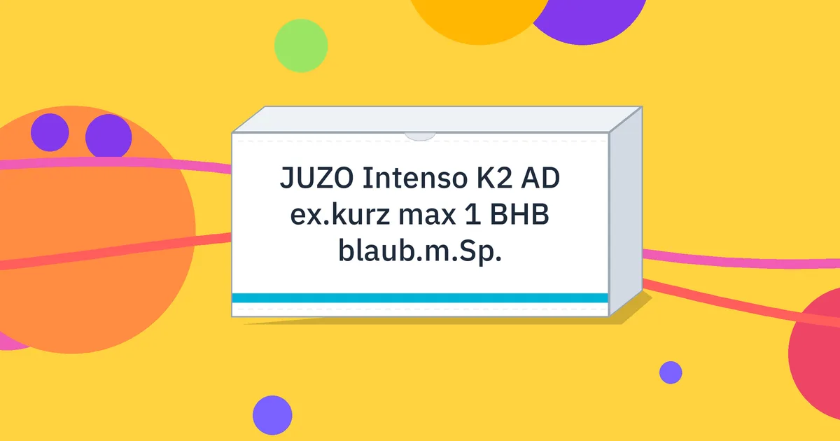Symbolbild: Packung mit der Aufschrift JUZO Intenso K2 AD ex.kurz max 1 BHB blaub.m.Sp. (PZN 18613944) – Verfügbarkeit und Bezug in Apotheken in Frankfurt am Main