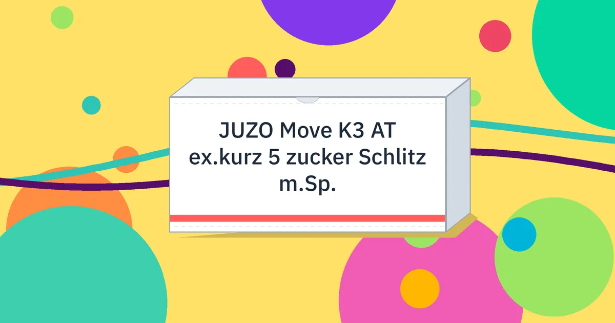 Symbolbild: Packung mit der Aufschrift JUZO Move K3 AT ex.kurz 5 zucker Schlitz m.Sp. (PZN 20680876) – Verfügbarkeit und Bezug in Apotheken in Frankfurt am Main