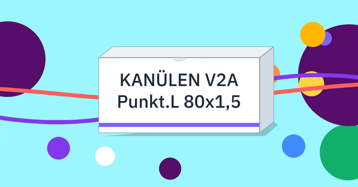 Symbolbild: Packung mit der Aufschrift KANÜLEN V2A Punkt.L 80x1,5 (PZN 02439898) – Verfügbarkeit und Bezug in Apotheken in Frankfurt am Main