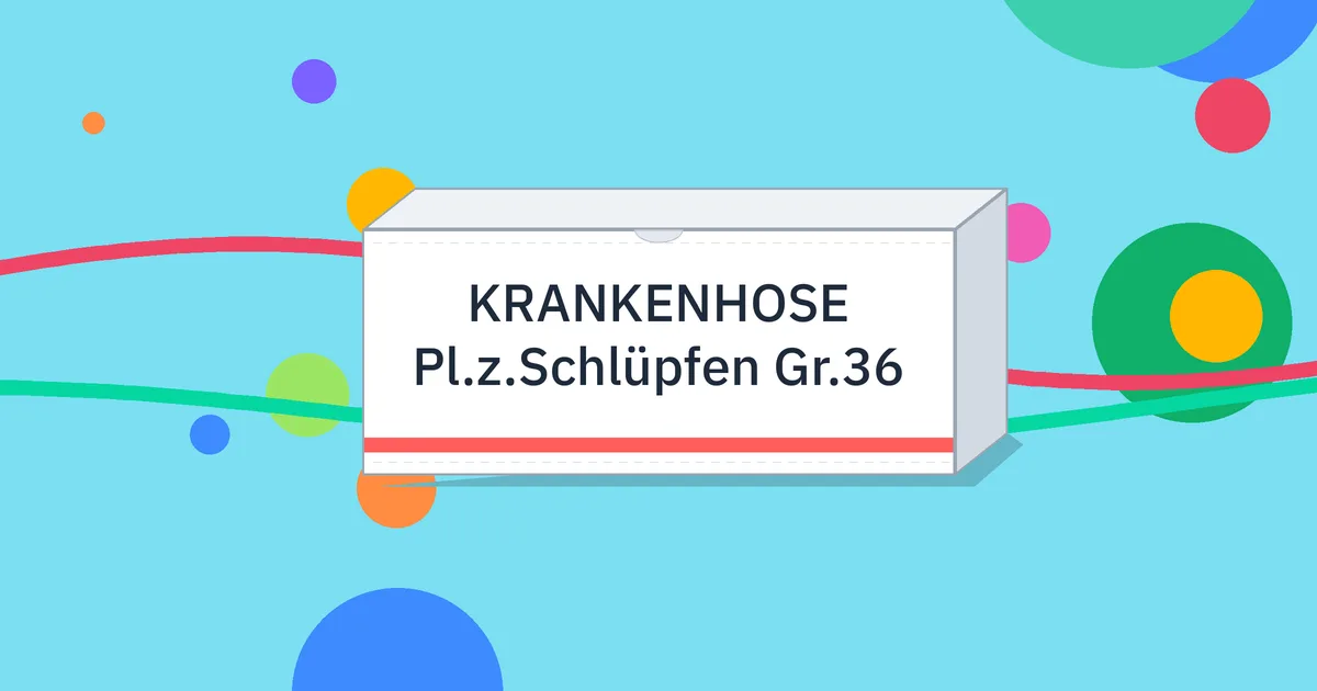 Symbolbild: Packung mit der Aufschrift KRANKENHOSE Pl.z.Schlüpfen Gr.36 (PZN 01979658) – Verfügbarkeit und Bezug in Apotheken in Frankfurt am Main