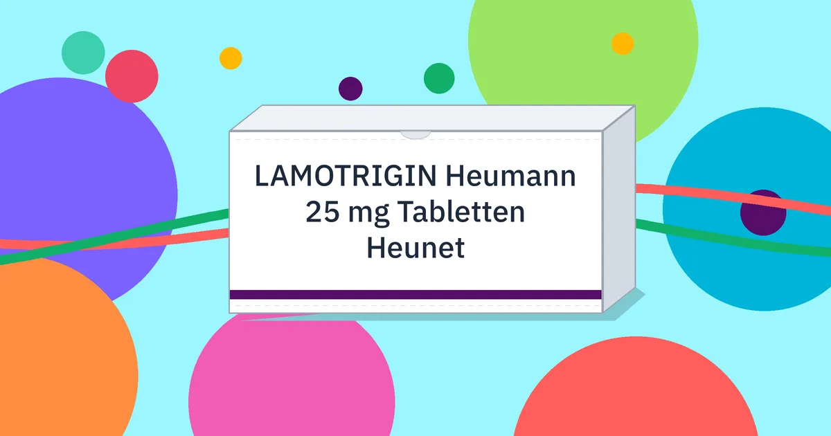 Symbolbild: Packung mit der Aufschrift LAMOTRIGIN Heumann 25 mg Tabletten Heunet (PZN 15304007) – Verfügbarkeit und Bezug in Apotheken in Frankfurt am Main