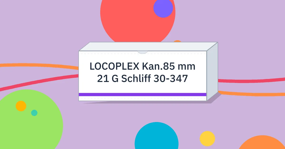 Symbolbild: Packung mit der Aufschrift LOCOPLEX Kan.85 mm 21 G Schliff 30-347 (PZN 04481634) – Verfügbarkeit und Bezug in Apotheken in Frankfurt am Main
