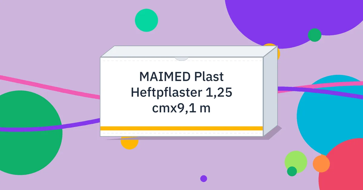 Symbolbild: Packung mit der Aufschrift MAIMED Plast Heftpflaster 1,25 cmx9,1 m (PZN 04002533) – Verfügbarkeit und Bezug in Apotheken in Frankfurt am Main
