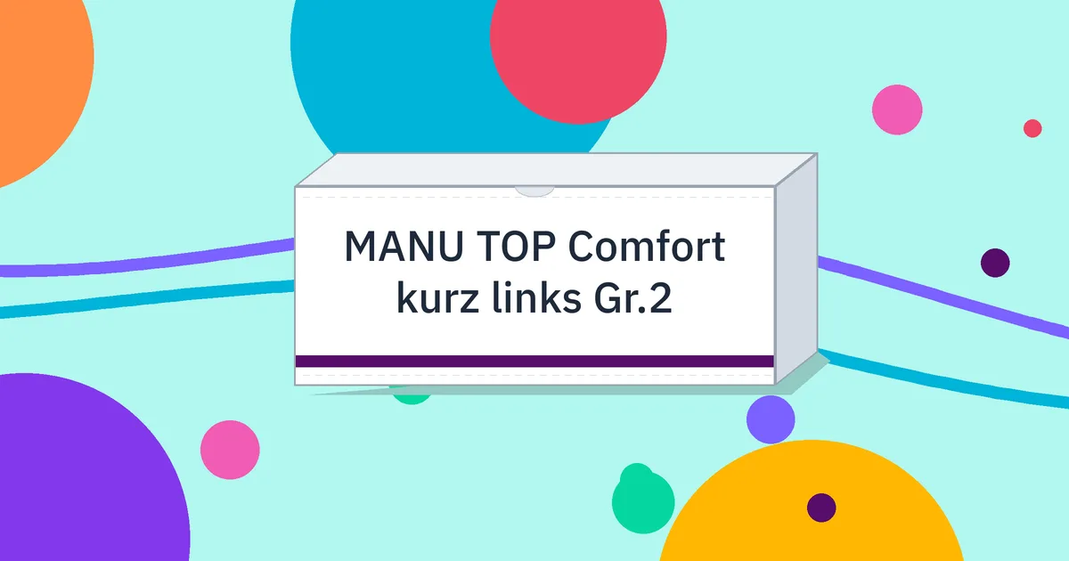 Symbolbild: Packung mit der Aufschrift MANU TOP Comfort kurz links Gr.2 (PZN 02774444) – Verfügbarkeit und Bezug in Apotheken in Frankfurt am Main